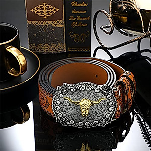 Jadive Western Leather Buckle Belts Cowboy Longhorn Bull Pattern Buckle Belt Floral Engraved Buckle Belt for Men (Camel, 45 Inch)