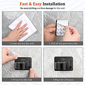 4Pcs Broom and Mop Holder, Stainless Steel Broom Storage Holder, Self Adhesive Anti-Slip Command Broom Holder Wall Mount, Mop Gripper with Hook for Kitchen Bathroom Closet Garden Garage Black