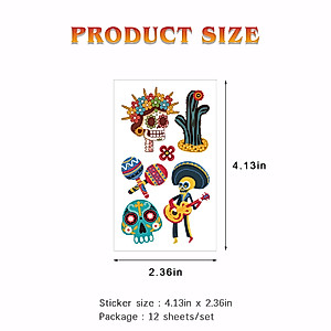 65 Pieces Mexican Day Of The Dead Temporary Tattoos for Kids, Sugar Skull Guitar Floral Skeleton Cactus Tattoo Stickers for Halloween Decorations Dia de Los Festival Carnival Party Favor Supplies