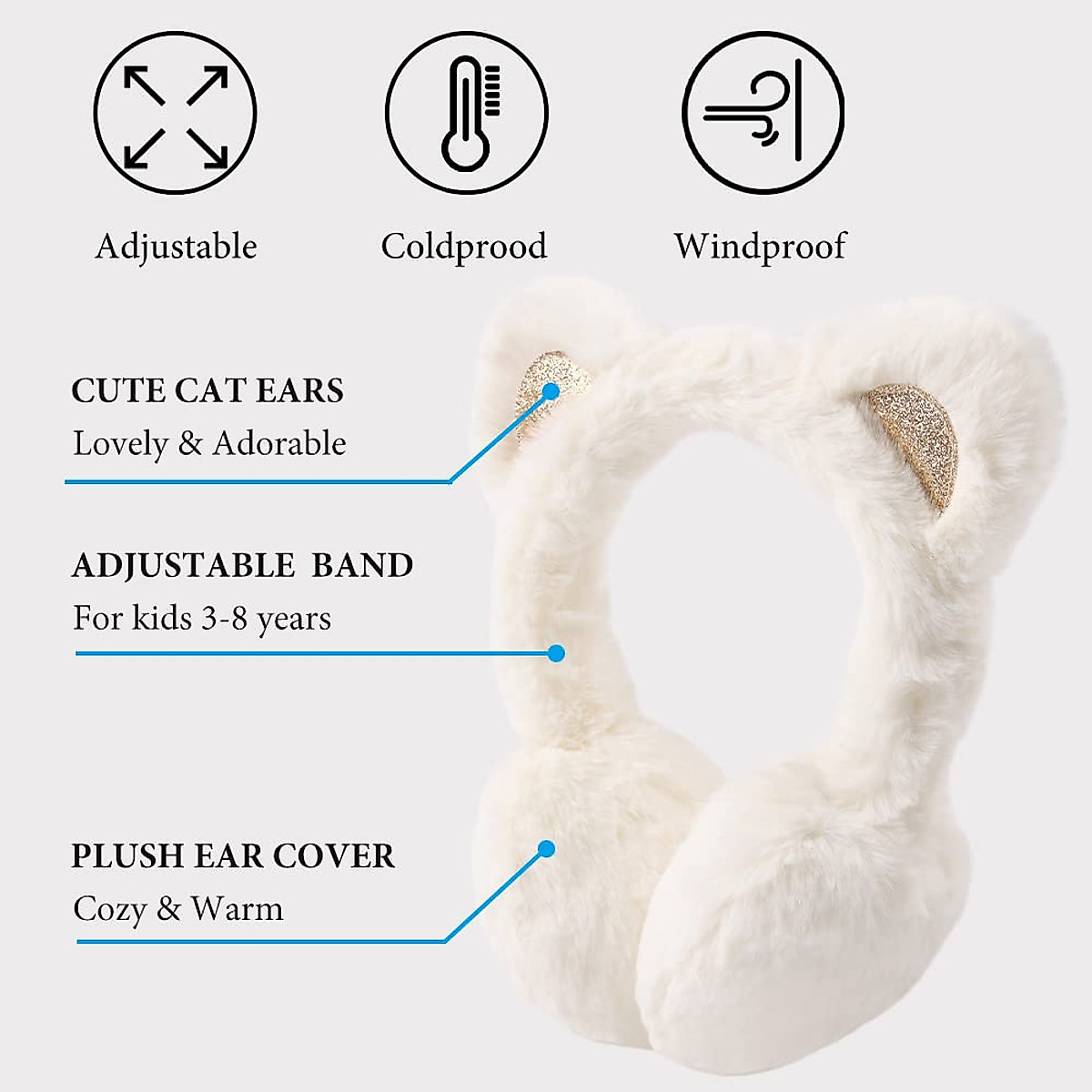 Peecabe Winter Kids Earmuffs Warm Girl Ear Muffs For Toddler Kid Children Earmuff with Cat Ears Girls Ear Warmer Adjustable (White)