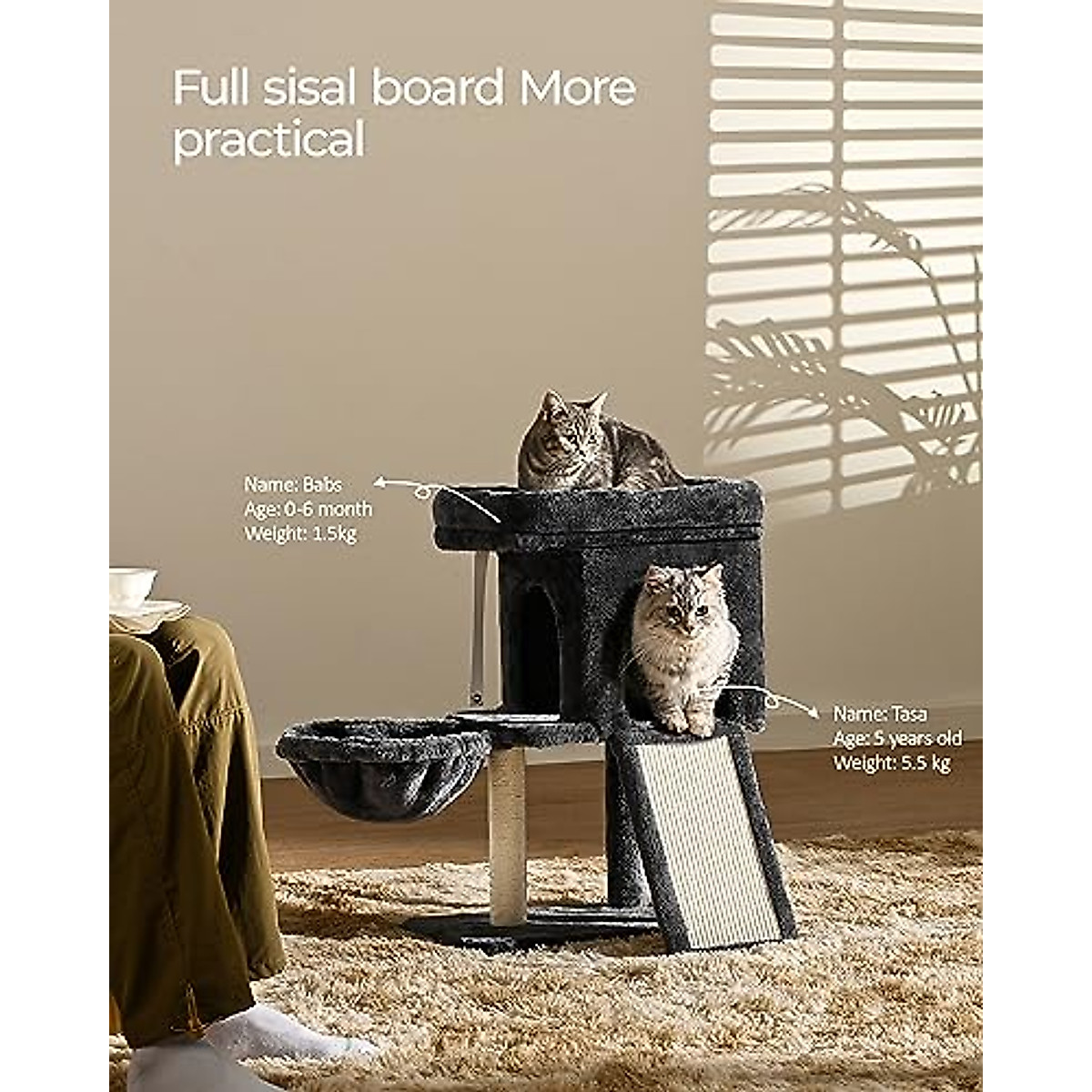 FourFurPets Cat Tree, 27in Cat Tower, Cat Condo for Kittens, Large Cat Perch, Cat Caves, Cat Basket, Sisal Scratching Board, Smoky Gray