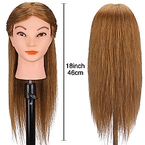 Mannequin Head with 100% Real Hair, TopDirect 18" Brown Real Hair Cosmetology Manikin Head Hair Styling Hairdressing Practice Training Doll Heads with Clamp Holder and Tools