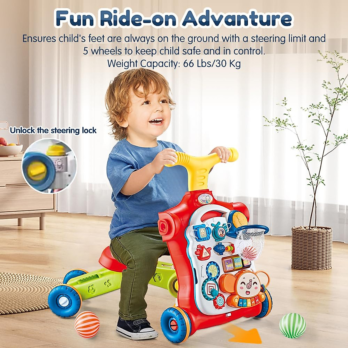 Baby Walker 5 in 1,VATOS Sit-to-Stand Learning Walker,Assemble as Scooter/Balance Bike/Push Walker/Activity Table/Detachable Panel,Push Walkers Toys with Music for Toddlers Infant Boys Girls