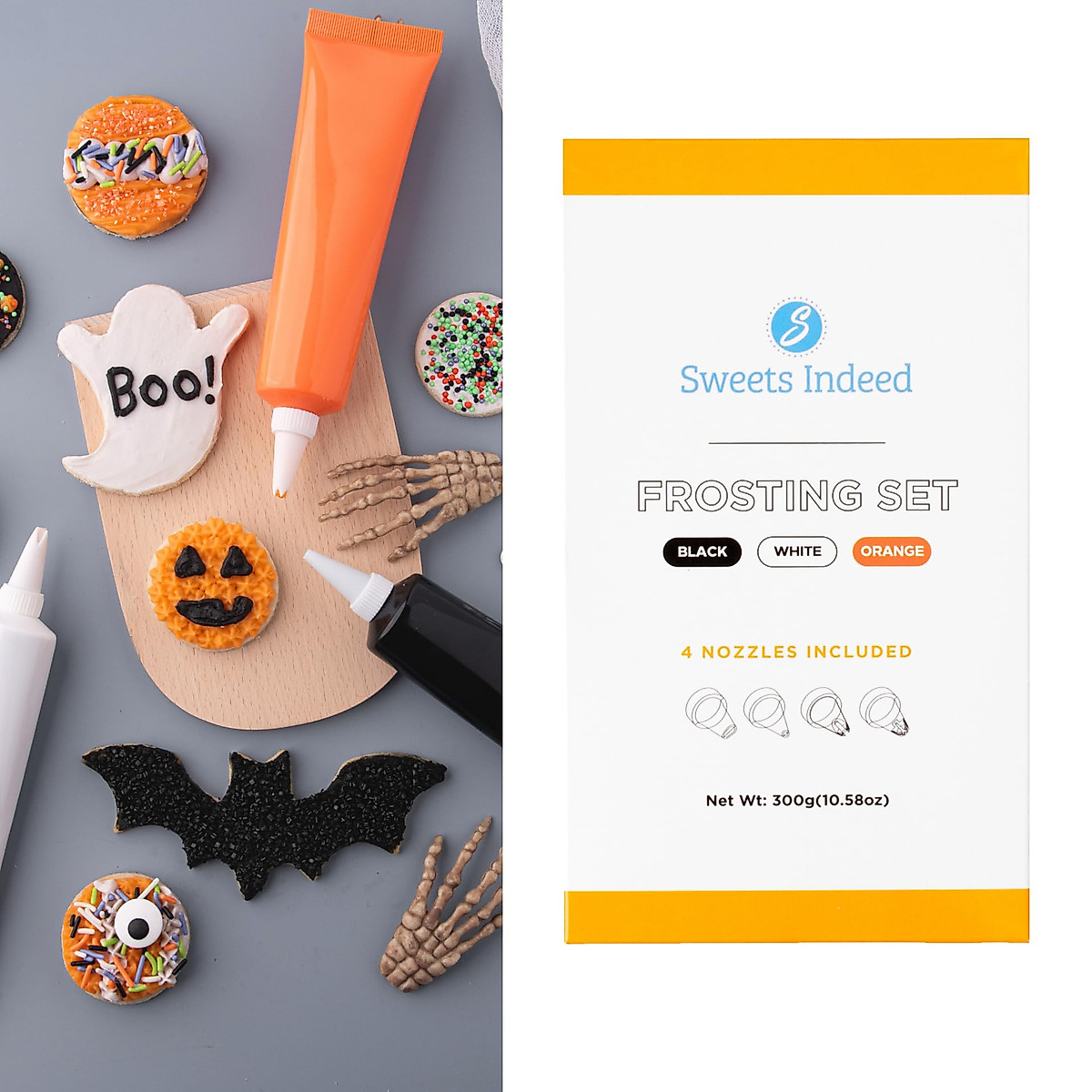 Sweets Indeed - Halloween Frosting Set - 3 Pack - 3.5 ounce tubes - Black Orange White - 4 nozzles included - Holiday Frosting - Cookie Decorating Kit - 10.58 oz