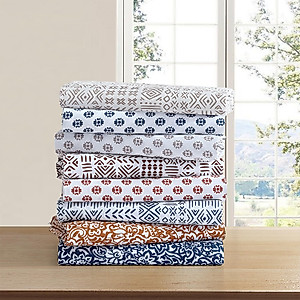 Indigo Ink - Full Size Sheet Set, 4-Piece Boho Geometric Patterned Bedding, Soft & Wrinkle Resistant (White Denim Collection, Navy Blue)