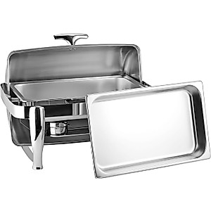 CHEFQ Virtuosa Stainless Steel Oblong 8QT Chafer, Roll-top Set Includes Food Pan, Water Pan and Fuel Holders – Durable, shiny silver, keeps food warm in catered events + CHEFS APRON