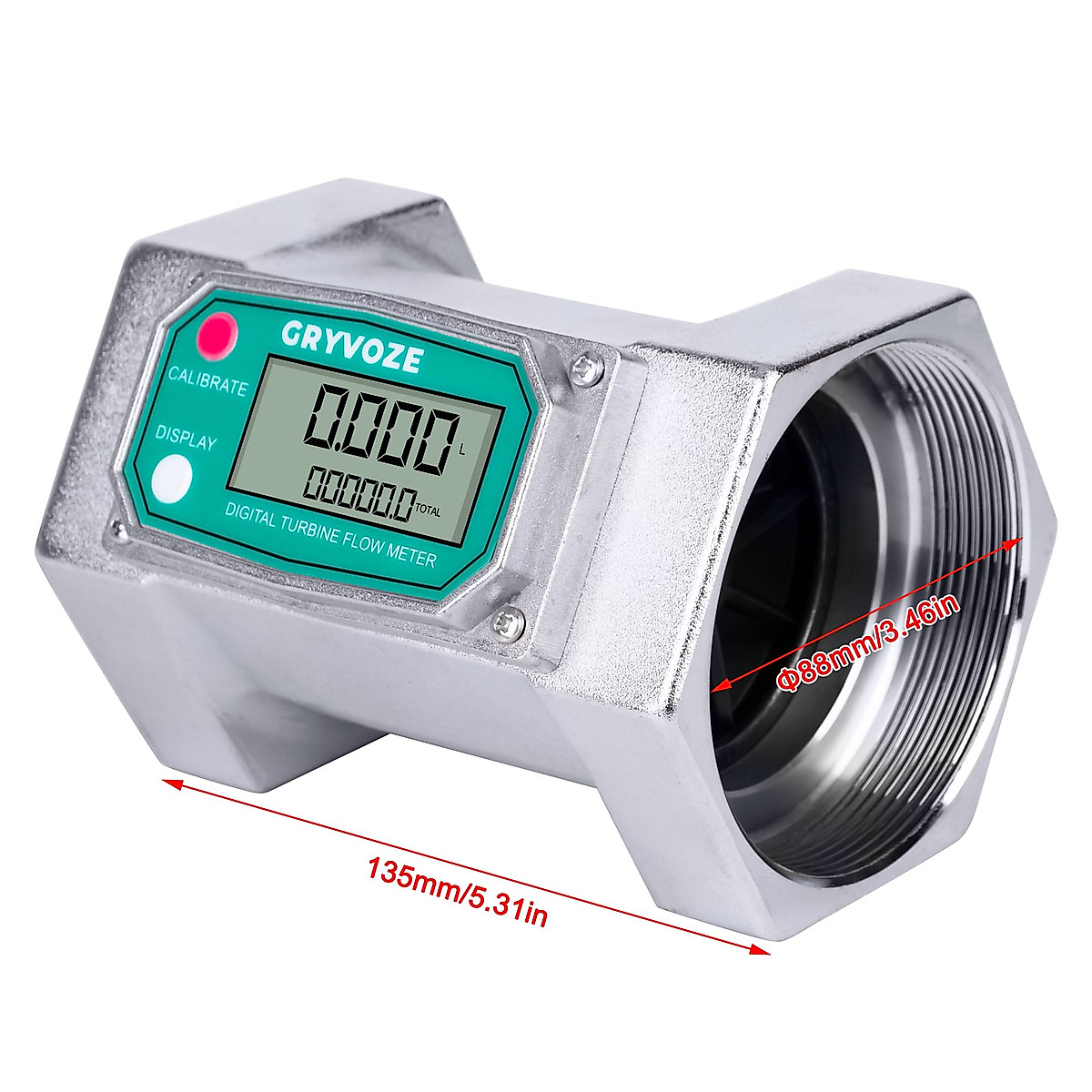 GRYVOZE 3 Inch Digital Flow Meter, 21-264 GPM Inline NPT Thread Fuel Turbine Flowmeter with LCD Display for Water, Diesel, Gas Oil, Gasoline, and Other Liquids (5 Units: Gallon, QTS, PTS, L, m³)