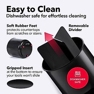 Rotating Extra Large Utensil Holder Crock with No-Tip Weighted Base, Removable Divider, And Gripped Insert - Dishwasher Safe Kitchen Utensil Holder For Kitchen Counter: Cooking Black Utensil Caddy