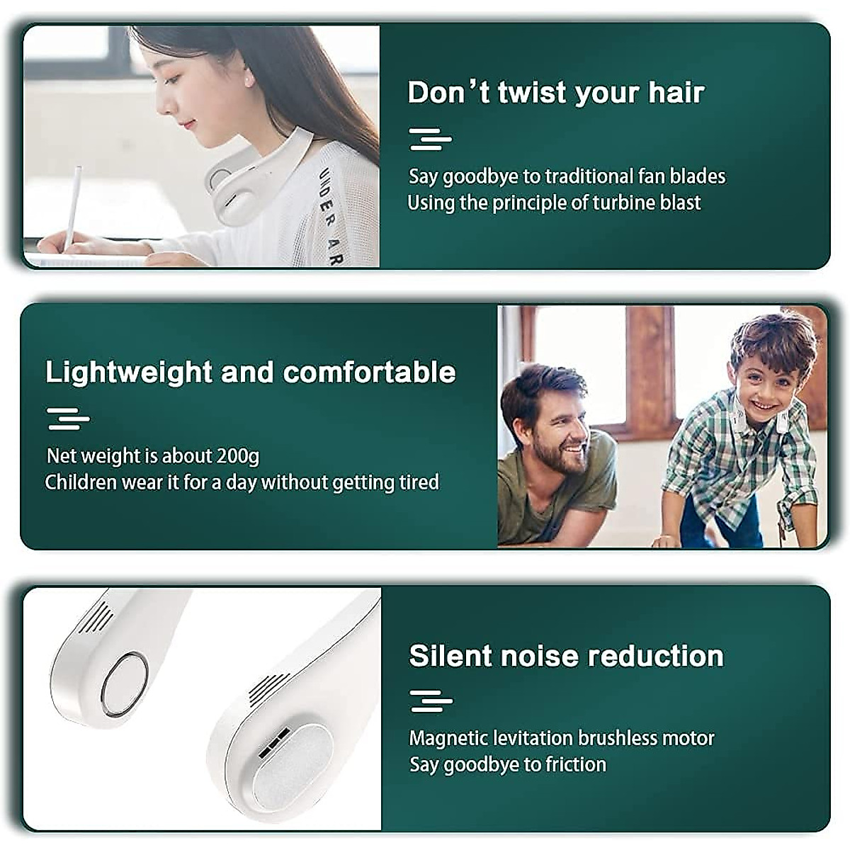 HUAYU, Personal Fan Neck, Neck Fans Portable Rechargable Prime, Portable Neck Fan Rechargeable, USB Powered Fan, 3 Speeds Hands free Neck Fan for Sporting and Outdoor activities (White&Pink)