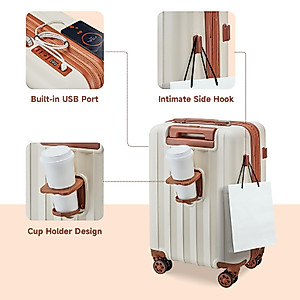 imiomo Luggage Sets 4 Piece Expandable Luggage Set, Hardside Carry on Suitcase with USB Port Cup Holder, Travel Luggage Suitcase with Spinner Wheels TSA Lock, White Brown