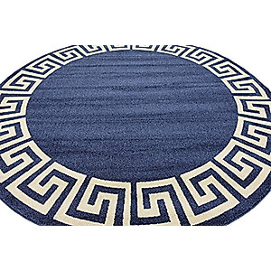 Unique Loom Athens Collection Classic Geometric Modern Border Design Area Rug, Round 8' 0" x 8' 0", Navy Blue/Beige