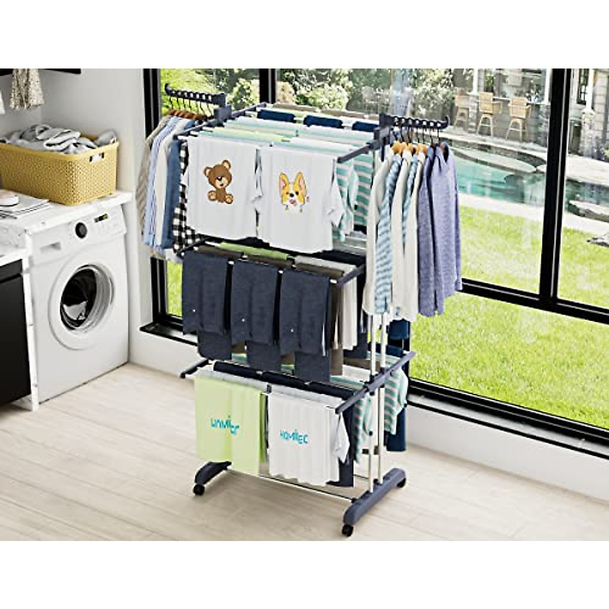 HOMIDEC Clothes Drying Rack, Oversized 4-Tier(67.7" High) Foldable Stainless Steel Drying Rack Clothing, Movable Drying Rack with 4 castors, 24 Drying Poles & 14 Hooks for Bed Linen, Clothing, Grey