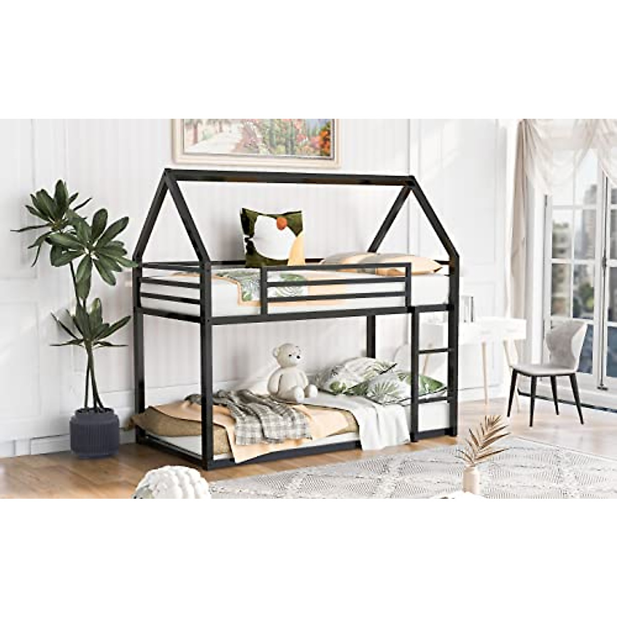 Tidyard Twin Over Twin House Bunk Bed with Built-in Ladder,Black for Bedroom Dorm Guest Room Home Furniture