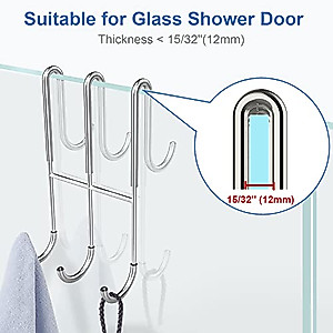 BPB Over Shower Door Hooks - 2 Pack Double Over Glass Hooks Extended 7.5Inch Bathroom Hook Drilling-Free Hanger for Hanging Towel, Robe, Loofah, Squeegee (Silver)