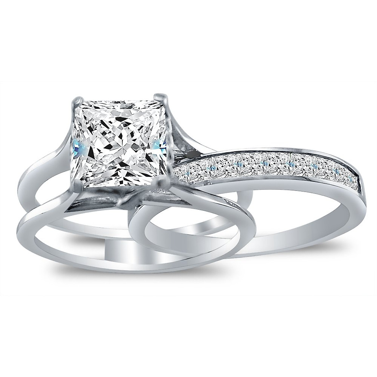 Size 7 - Solid 925 Sterling Silver Bridal Set Princess Cut Solitaire Engagement Ring with Matching Channel Set Wedding Band CZ Cubic Zirconia 2.0ct. With Elegant Velvet Ring Box