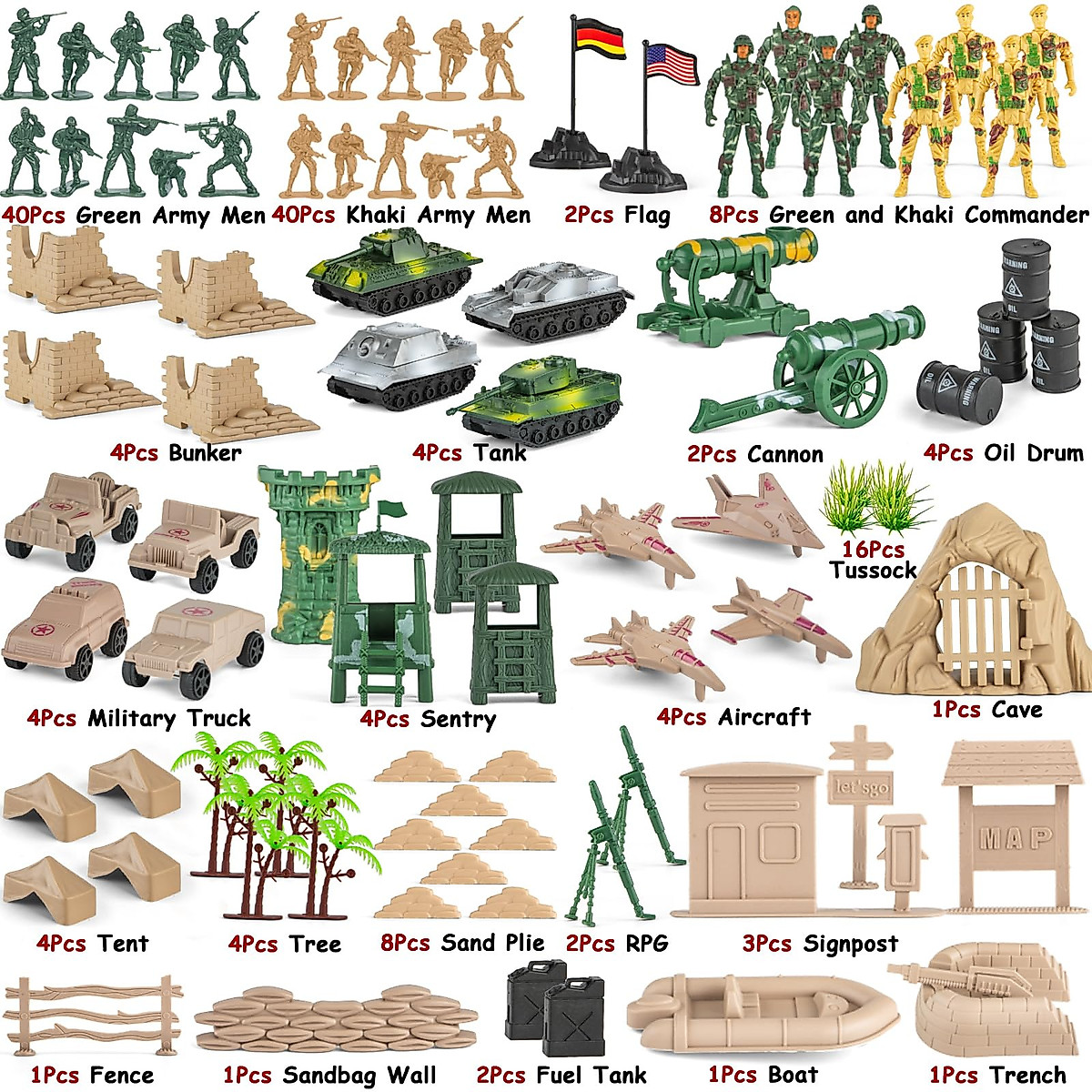 Divwa Army Men Toys for Boys 8-12, Military Soldier Army Base 160 Pcs Set Including WW2 Khaki Green Plastic Army Men Figure and Accessories with Handbag for Kid Boy Toddler Age 6-12 8-12