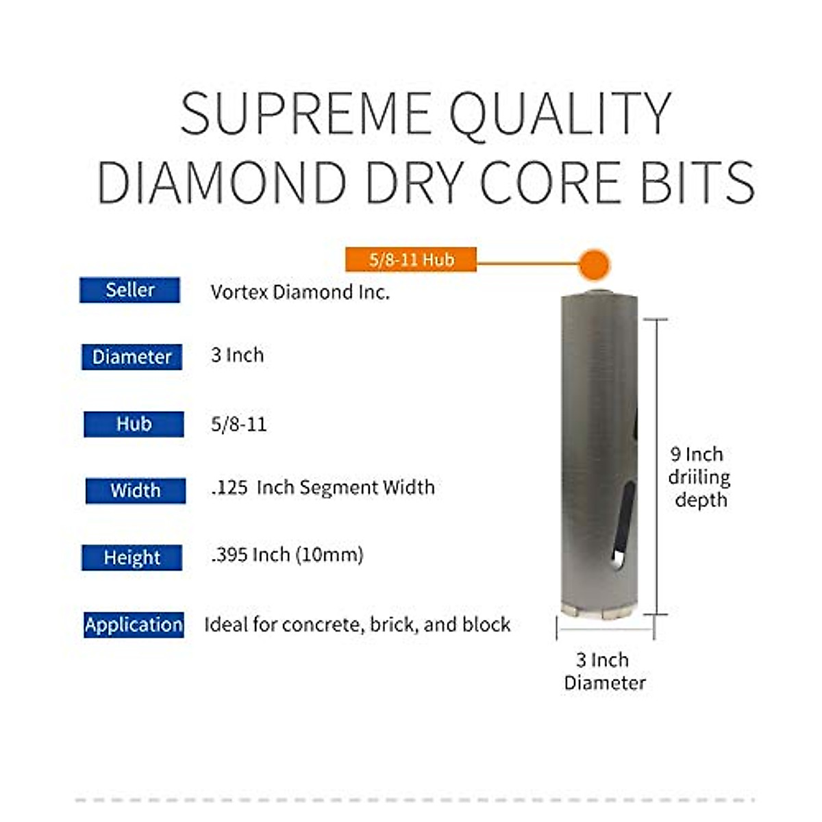 VORTEX DIAMOND WPDB 3 inch Dry Drill Core Bits with Diamond Aligned Segment for Brick Concrete Masonry 5/8 in -11 Threaded (3 in ), Black
