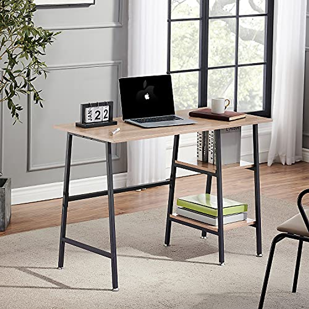 VECELO 43 Inch Writing Computer Desk, Home Office Study Tables with 2 Tier Storage Shelves eiton Left or Right Side, Simple Industrial Style with Adjustable Feet and Water Proof Surface, Oak, 43"