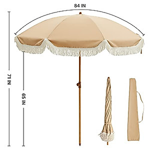 Kbrellaoutlets 7ft Patio Umbrella, UV 50+ Protection, Beach Umbrellas for Sand with Fringe, Wood Grain Aluminum Pole, 8 Ribs, Push Button Tilt, Garden Pool, Brown