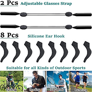 10 Pcs Glasses Strap, Sunglasses Strap, Eyeglasses Strap, 2 Pcs Upgrade Adjustable Eyewear Retainer, With 8 Pcs Ear Hooks, Sports Sunglasses Eyeglass Strap for Men Women Kids Glasses Holder Strap