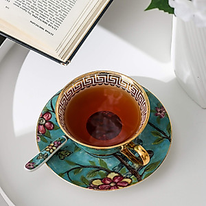 Panbado 3 Piece Bone China Tea Cup Saucer Set with Spoon Porcelain Gold Rimmed Teacup Coffee, Flower and Birds, 200 mL/6.8 oz, Blue Cup & Saucer, Dark