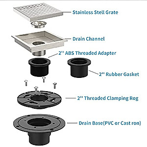 6 Inch Square Shower Floor Drain, Brushed Nickel High Flow Shower Drain Kit with Flange, Removable Grid Cover and Hair Filter, Food-Grade SUS 304 Stainless Steel, CUPC Certified(Brushed Nickel)