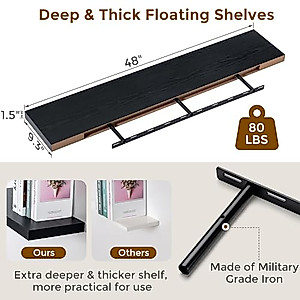 Fun Memories Floating Shelves 48 Inch Long, 9.3 Inch Deep Wall Shelf Fireplace Mantel, Rustic Farmhouse Wooden Shelves for Wall Decor Bathroom, Kitchen, Office, Black, Set of 1