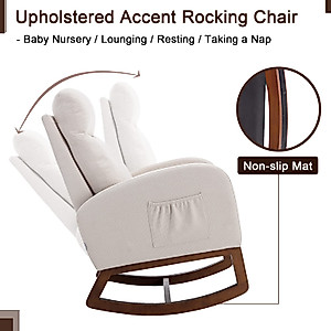 Antetek Modern Accent Rocking Chair, Upholstered Nursery Glider Rocker for Baby, Comfy Armchair with Side Pocket, Living Room Lounge Arm Chair, High Backrest with Headrest Shape Design (Light Beige)