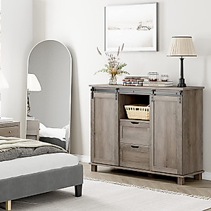 HOSTACK Farmhouse Buffet Sideboard, Coffee Bar Cabinet with Storage, Liquor Wine Cabinet with Sliding Barn Doors, Accent Storage Cabinet for Kitchen, Ash Grey