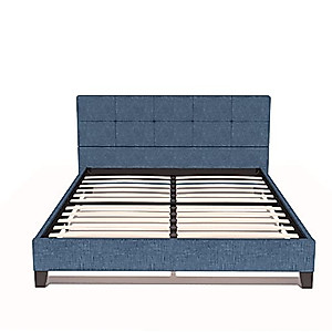 Melpomene Queen Bedframe Navy Linen Upholstered, Staycation Style Mattress Foundation with Wood Slats and Headboard for Bedroom