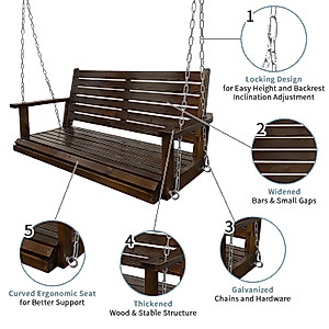 Wooden Porch Swing, Ergonomic Seat, Bench Swing with Hanging Chains and 7mm Springs, Heavy Duty 800 LBS, for Outdoor Patio Garden Yard (Deep Brown, 2-Seater)
