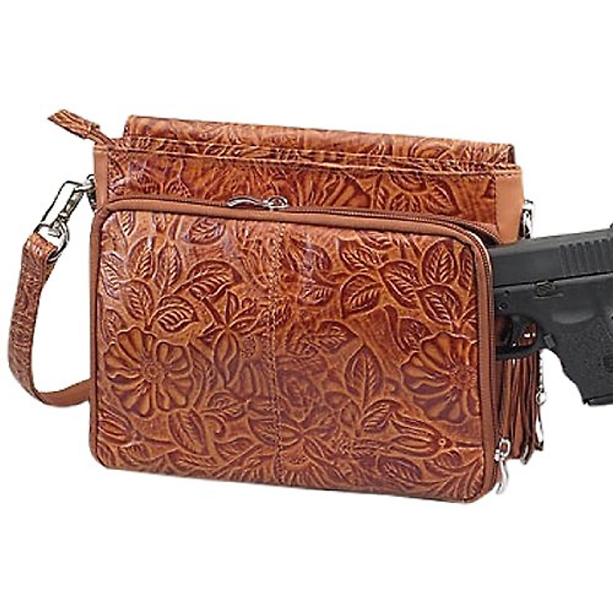 GTM GTM-22-TN Gun Tote'n Mamas Concealed Carry Tooled American Cowhide Shoulder Bag, Tan, Small