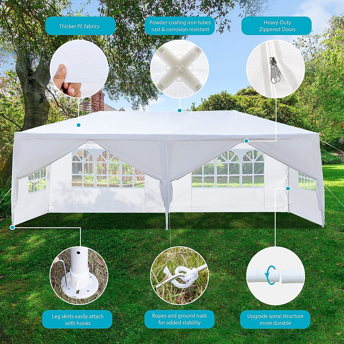 10'x20' Outdoor Party Tent, Large Wedding Birthday Tents for Parties, White Canopy Tent with 6 Removable Sidewalls & Transparent Windows, Outside Gazebo Event Tent for Garden, Patio and Backyard