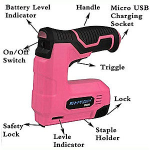 BHTOP Cordless Staple Gun, 4V Power Brad Nailer/Staple Nailer，Electric Staple with Rechargeable USB Charger, Staples and Brad Nails Included in Pink (Include 1500pcs Staples and 1500pcs Nails)