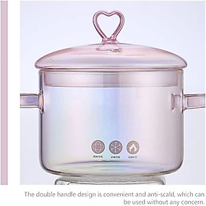 Glass Saucepan with Cover Clear Cooking Pot Stovetop Stew Pot with Lid Handmade Glass Casserole Double-Handle Cookware for Pasta Noodle Soup Milk Pink