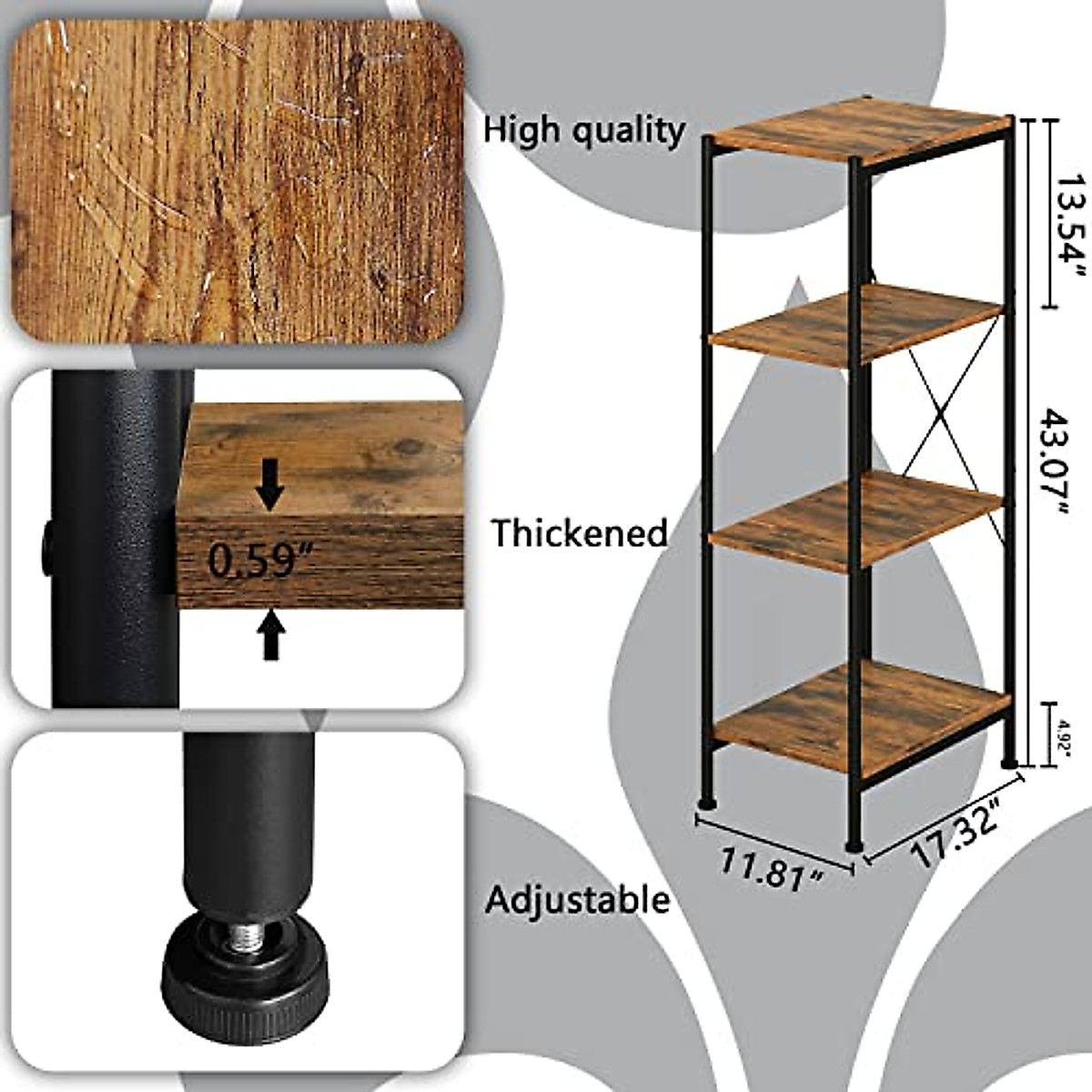 4 Tier Storage Shelves Narrow Shelf Unit Metal Shelves Shelf Free Standing Shelf Organisers Modern Shelf Ladder Shelf Bookshelf for Bathroom Kitchen Bedroom Hallway Steel & Wooden Black & Brown
