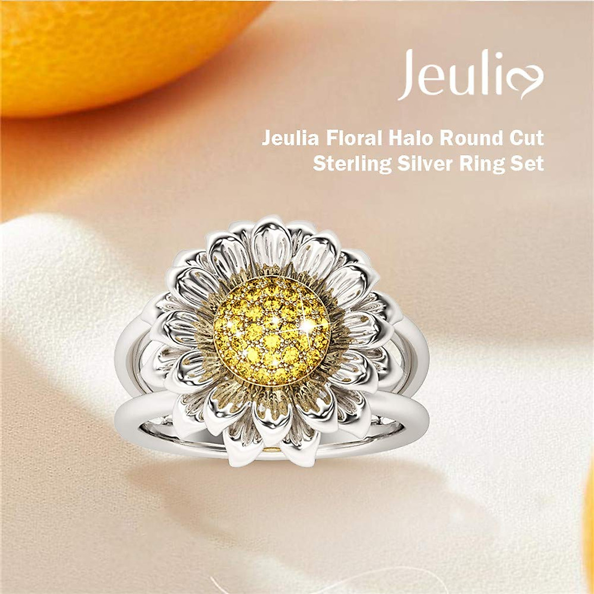 Jeulia s925 Sterling Silver Sunflower Rings Intertwined Ring Daisy Hawaiian Flower Rings for Women Halo Engagement Ring Set Bridal Anniversary with Jewelry Gift Box (Sunflower, 5.5)