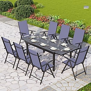 PHI VILLA 9 Piece Outdoor Patio Dining Set, Adjustable Folding Patio Sling Chairs (Blue) with Extendable Metal Steel Dining Table for Outdoor, Garden, Lawn