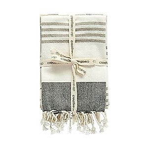 Creative Co-Op Grey & Tan Striped Cotton Tea Towels with Tassels (Set of 3)