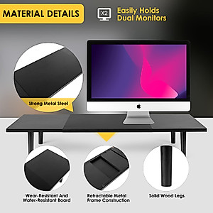 Across-Star Dual-Monitor-Stand-Riser-For-Desk Adjustable Length 32-40 Inch，Large Desktop Computer Monitor Riser For 2 Screens，Desk Shelf Organizer Riser Stand For Computer/Laptop/PC/Printer/TV Black