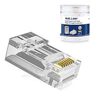iwillink 100-Pack RJ45 Cat6 Pass-Through Connectors, Gold-Plated Ethernet Crimp Plugs for Solid and Stranded Wire, UTP Network Cable Termination