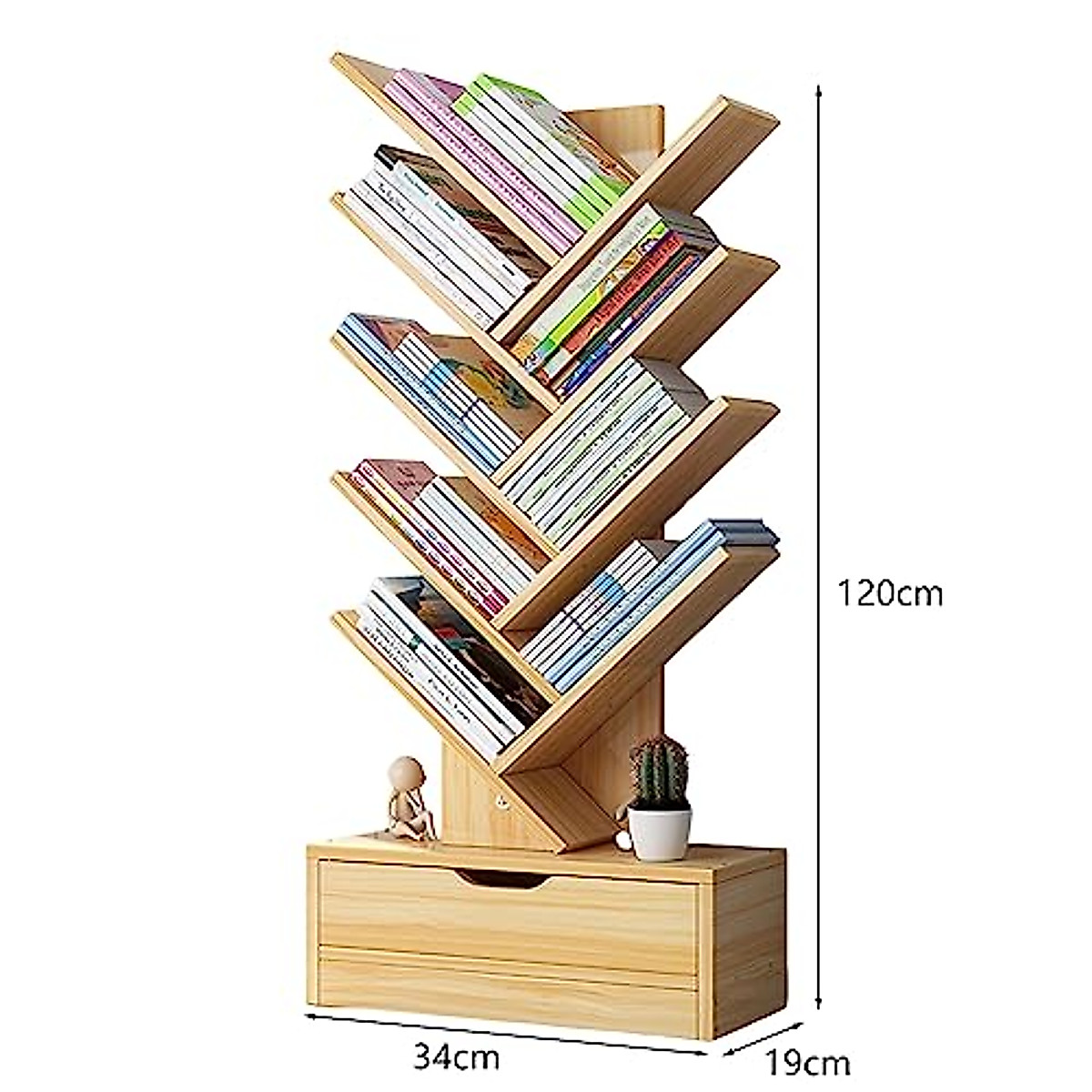 8 Tier Book Shelf 48 Inches Tall with Drawers, Kids Wood Bookshelf Modern Open Narrow for Books and Plants Display, Creative Tree Shape Etagere Bookcase for Bedroom, Living Room, Classroom Wooden Col