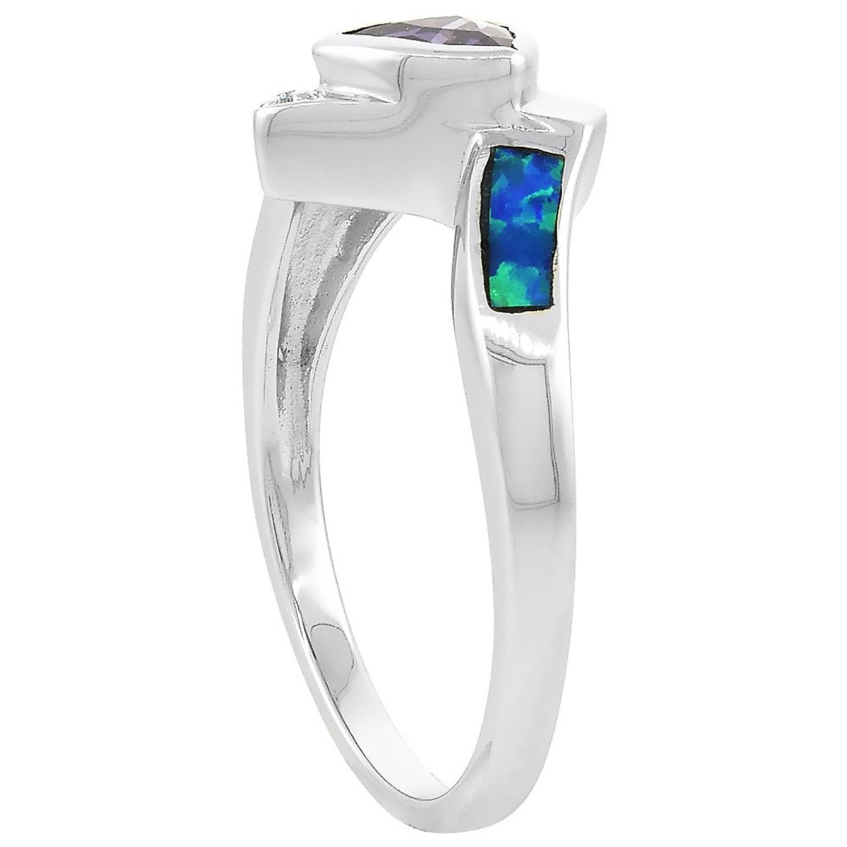 Sterling Silver Blue Synthetic Opal Trillion Cut Ring for Women Amethyst CZ Center 7/16 inch size 6