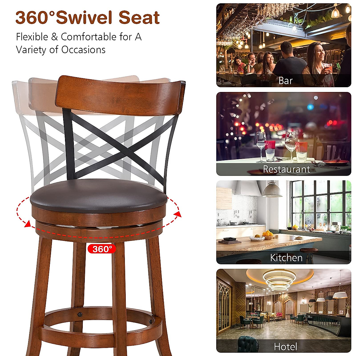 ERGOMASTER Swivel Counter Height Barstool 24 Inch Seat Height Bar Chair Cappuccino X Open Back （ 24 Inches,Set of 4）