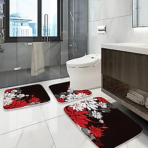 TheBlackSpot Dahlia Floral Bathroom Rugs 20 x 31 White Black and Red Flower Art Bath Mat 16 x 24 Sets 3 Piece Imitation Cashmere Anti Slip Mats U-Shaped Contour Shower Mat