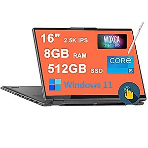 Lenovo Yoga 7i 16 2-in-1 Laptop 16" 2.5K IPS Touchscreen (400 nits, 100% sRGB, TÜV Low Blue Light) 12th Gen Intel 12-Core i5-1240P 8GB RAM 512GB SSD Backlit Fingerprint Thunderbolt Win11 Grey + Pen