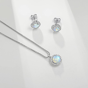 DwearBeauty White Gold Opal Jewelry with Cubic Zirconia,Opal Necklace and Earring Set for Women and Girl(necklace and stud earring)