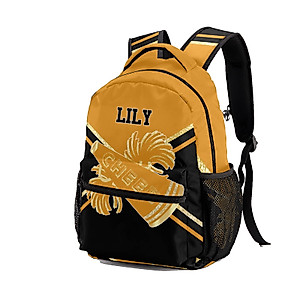 BigBigift Customized Cheer Yellow Black Cheerleaders Waterproof Backpack with Name for Hiking Camping Picnic 12.2(L)x5.9(W)x16.5(H)inch