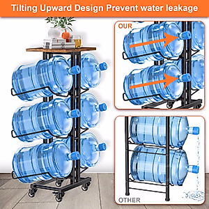 5 Gallon Water Jug Holder,3 Tier Foldable Heavy Duty Water Jug Stand Water Bottle Holder Organizer with Lockable Casters Water Dispenser Stand Rack with Removable Wood Top Shelf for 6 Bottles