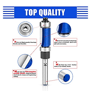 NICAVKIT 4Pcs Top and Bottom Bearing Flush Trim Router Bits Set 1/4 Inch Shank, Carbide Pattern Flush Trim Cut Router bit, 1/2 Inch Cutting Diameter, 3/4", 1", 1-1/4", 1-1/2" Inch Cutting Length